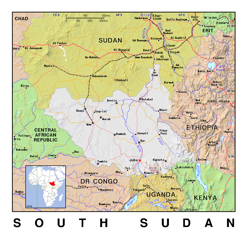 Detailed political map of South Sudan with relief | South Sudan ... Detailed political map of South Sudan with relief | South Sudan ...