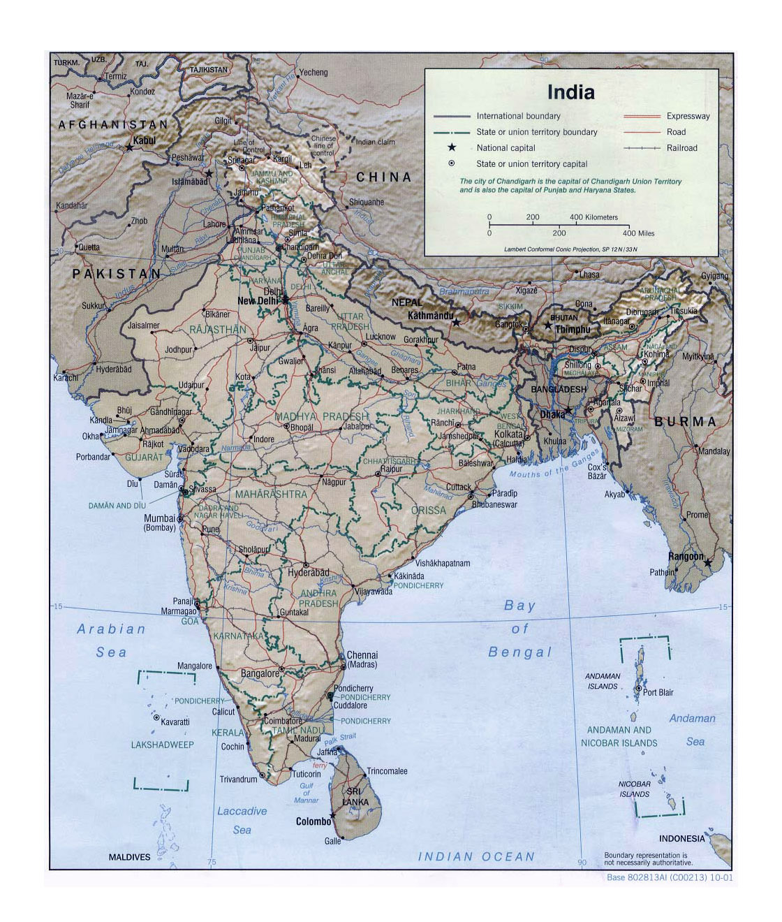Large Political And Administrative Map Of India With Relief Roads