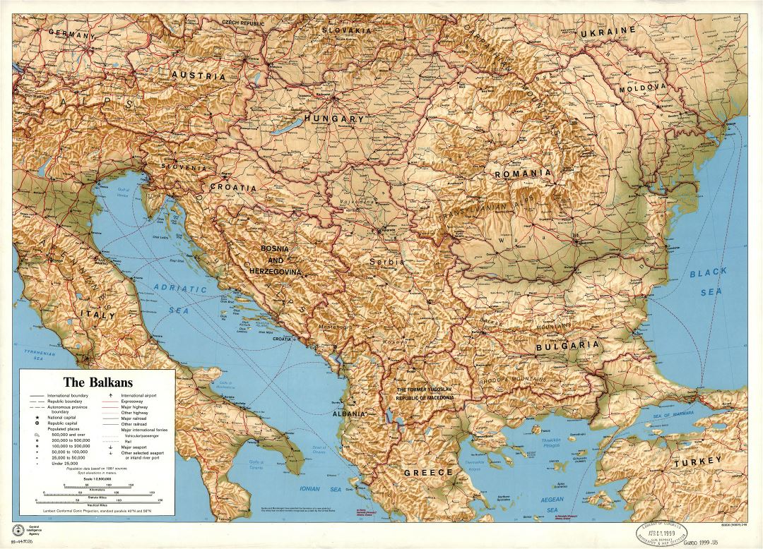 Large detailed political map of the Balkans with relief, cities, roads ...