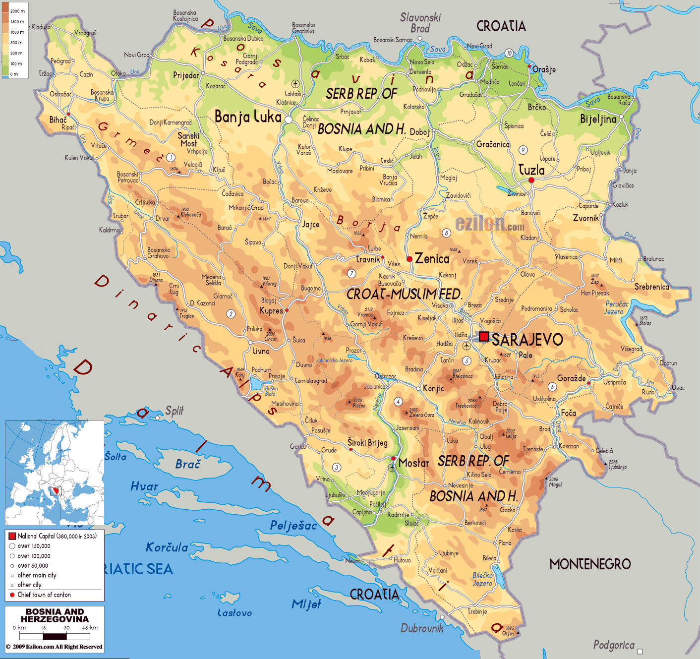 Large Physical Map Of Bosnia And Herzegovina With Roads Cities And Large Physical Map Of Bosnia And Herzegovina With Roads Cities And