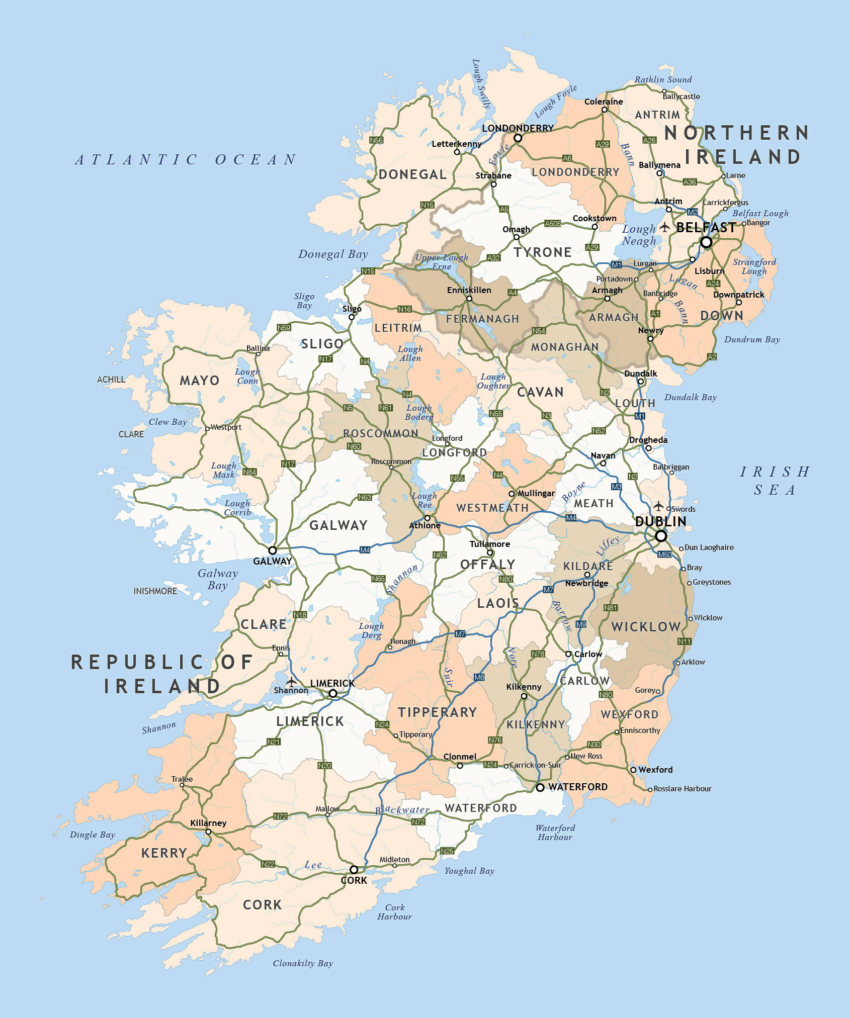 Large Administrative Map Of Ireland With Highways And Major Cities