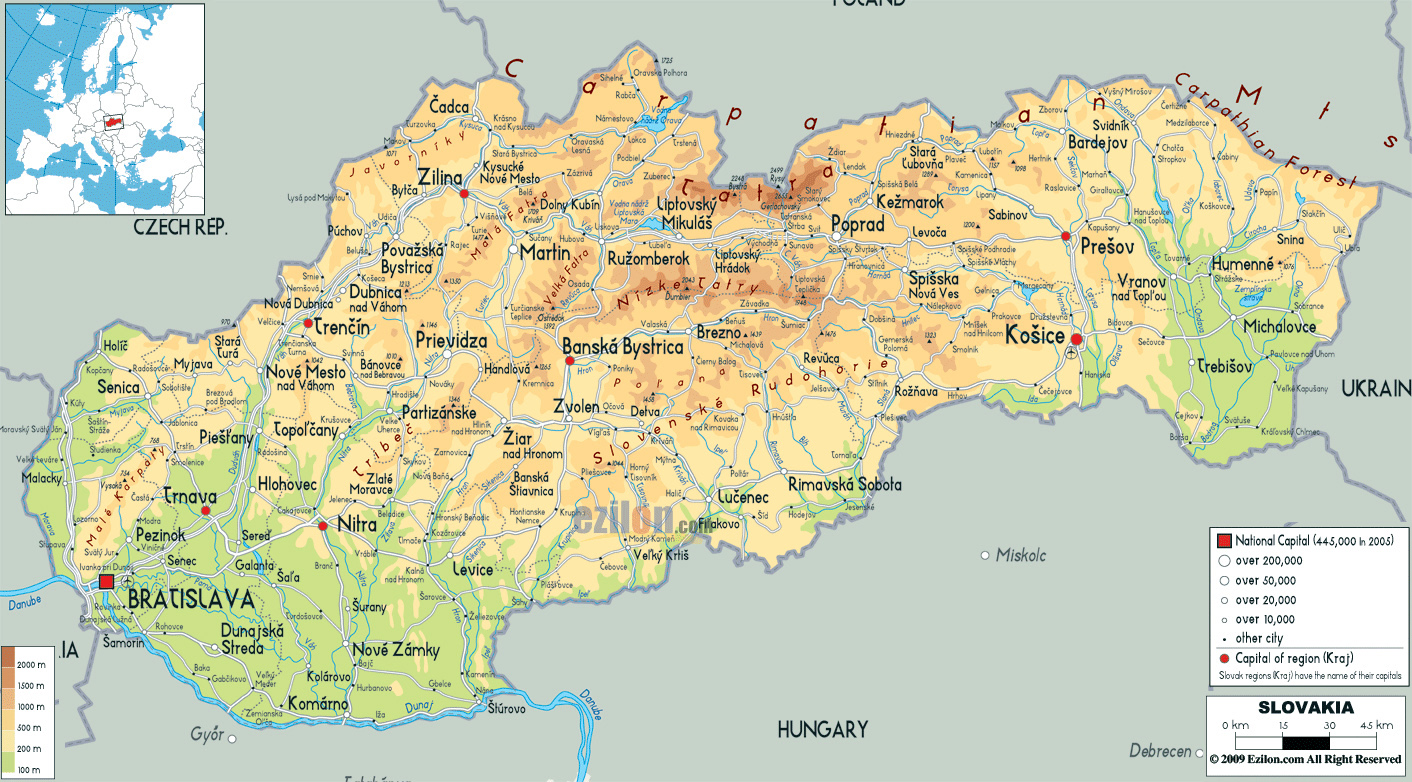 Large Physical Map Of Slovakia With Roads Cities And Airports