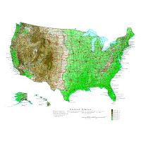 Large elevation map of the United States with roads, railroads, major ...